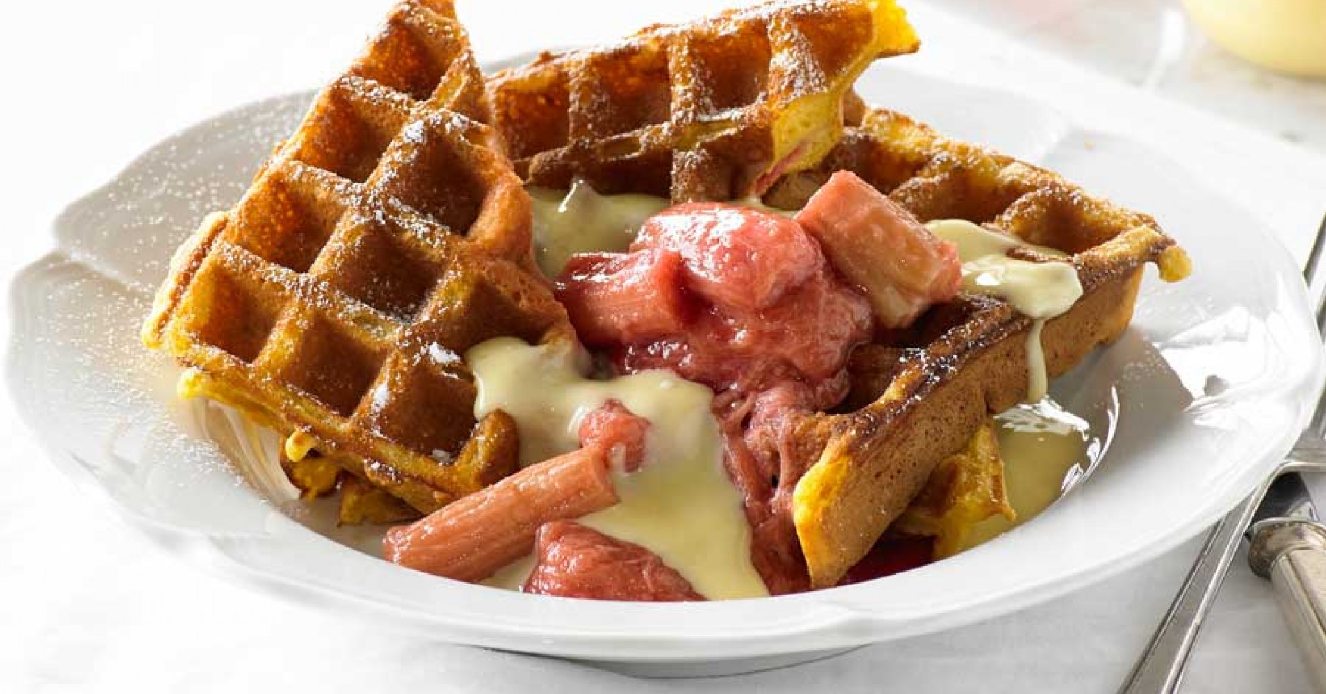 Poached Rhubarb and Vanilla Custard Waffle Recipe | myfoodbook
