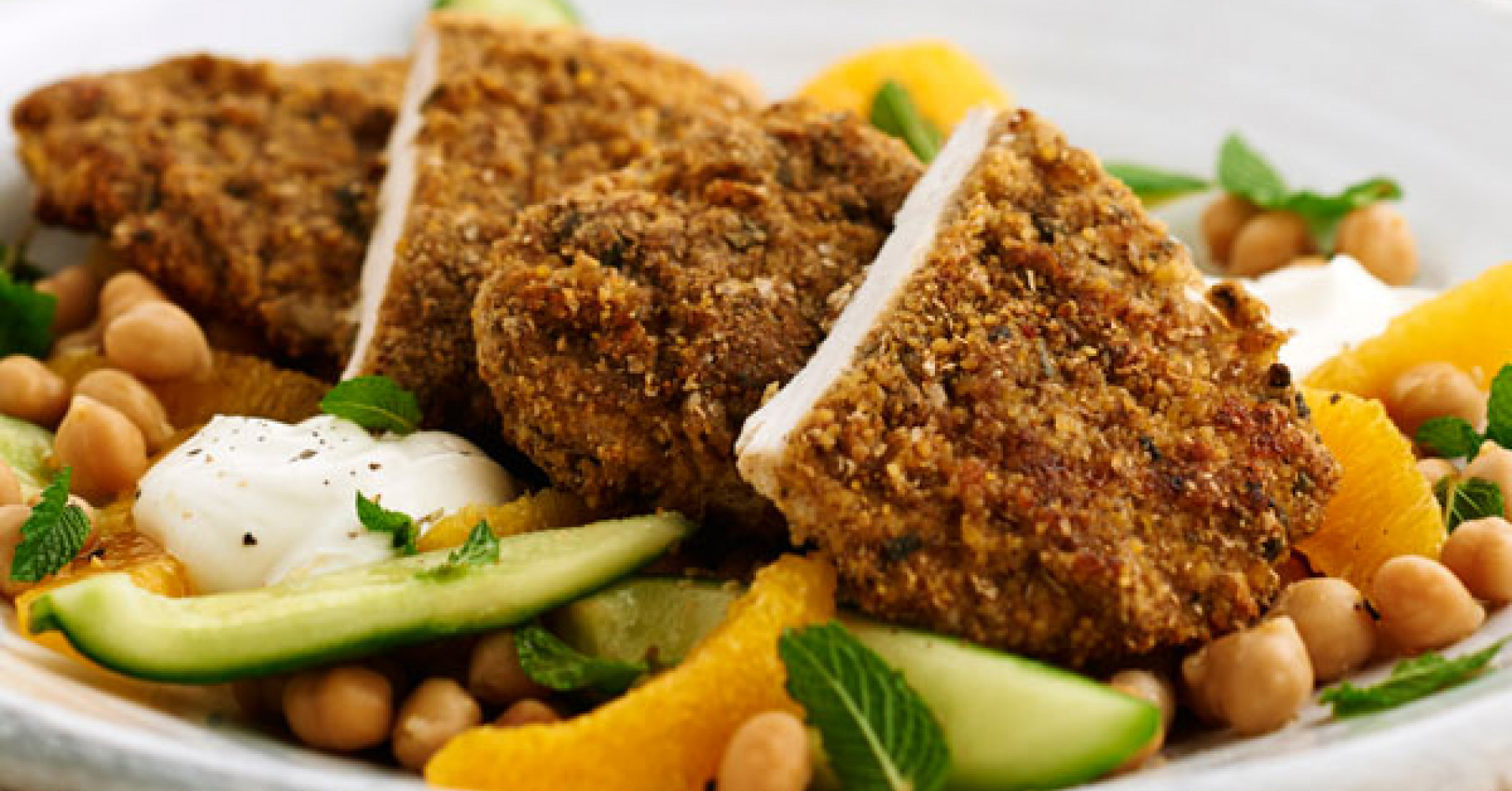 Falafel Chicken with Cucumber Chickpea and Orange Salad Recipe | myfoodbook