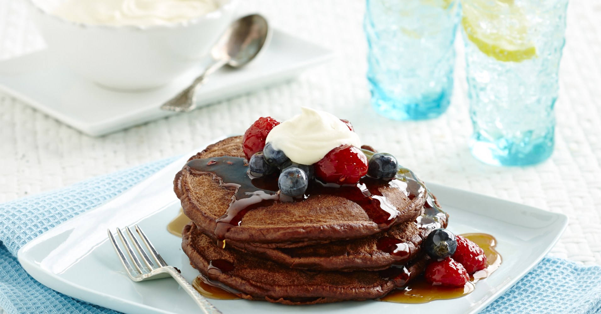 Chocolate Hotcakes with Warm Maple Berries Recipe | myfoodbook