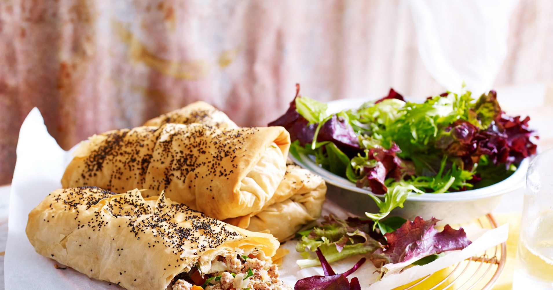Cinnamon Spiced Chicken Filo Parcels with Jalapeno Aioli and Mixed Leaf ...