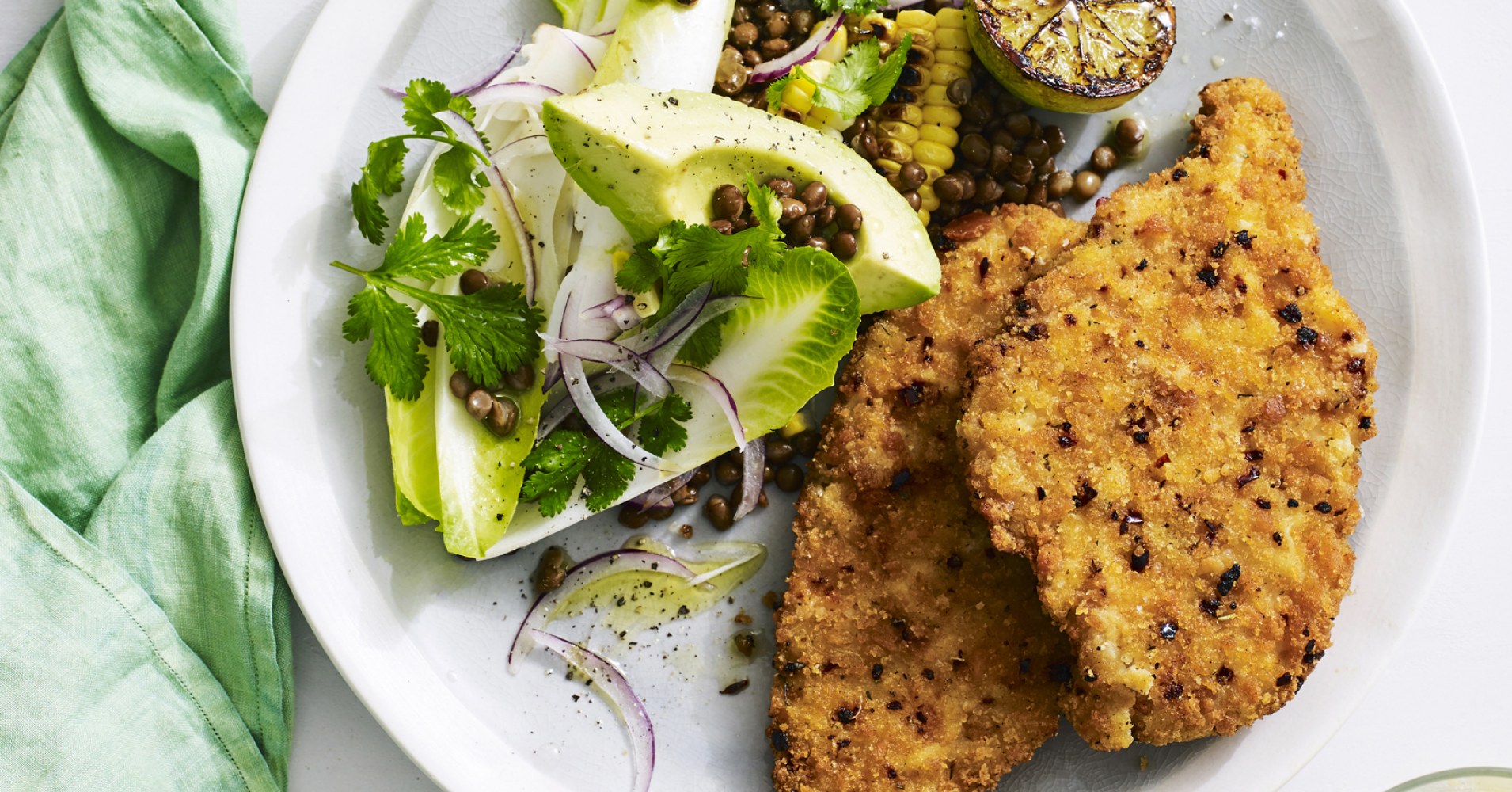 Chicken Schnitzel with Chargrilled Corn and Lentil Salad Recipe ...