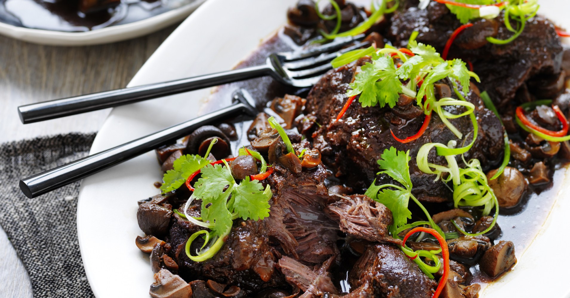 Asian-Style Slow Cooked Beef Cheeks with Mushrooms Recipe | myfoodbook