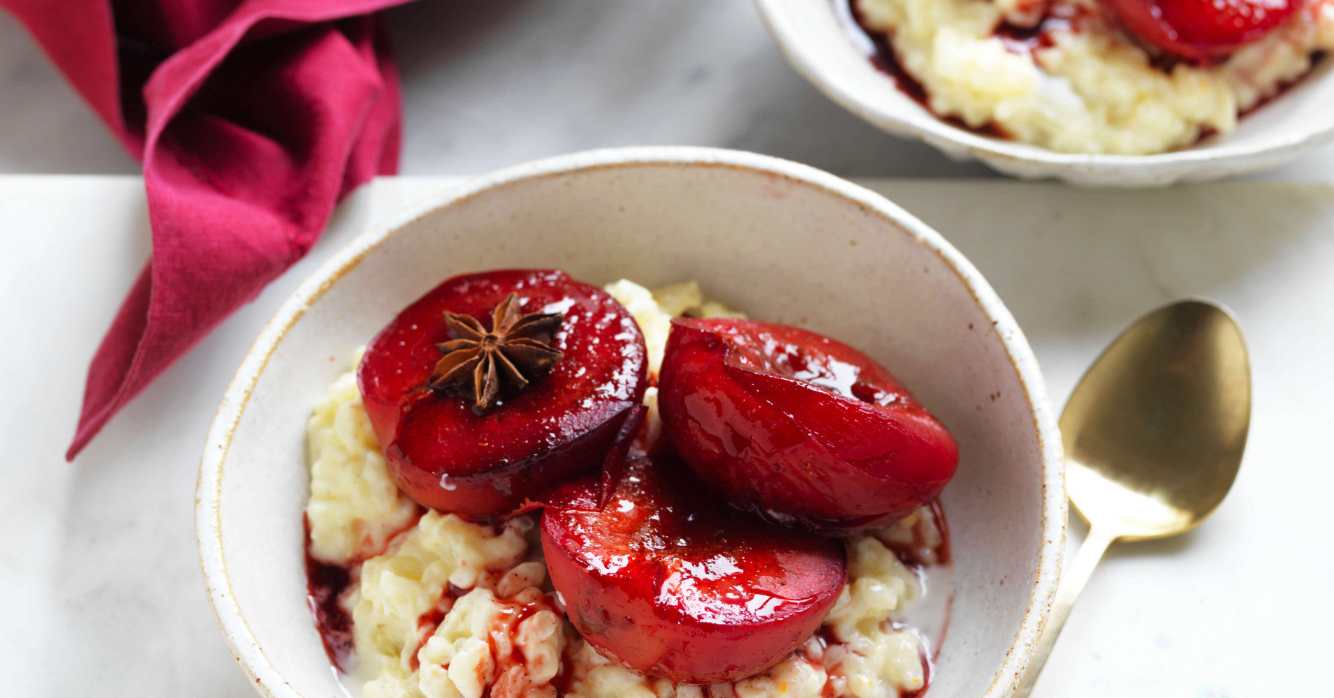 Roasted Plums with Creamy Rice Pudding Recipe | myfoodbook