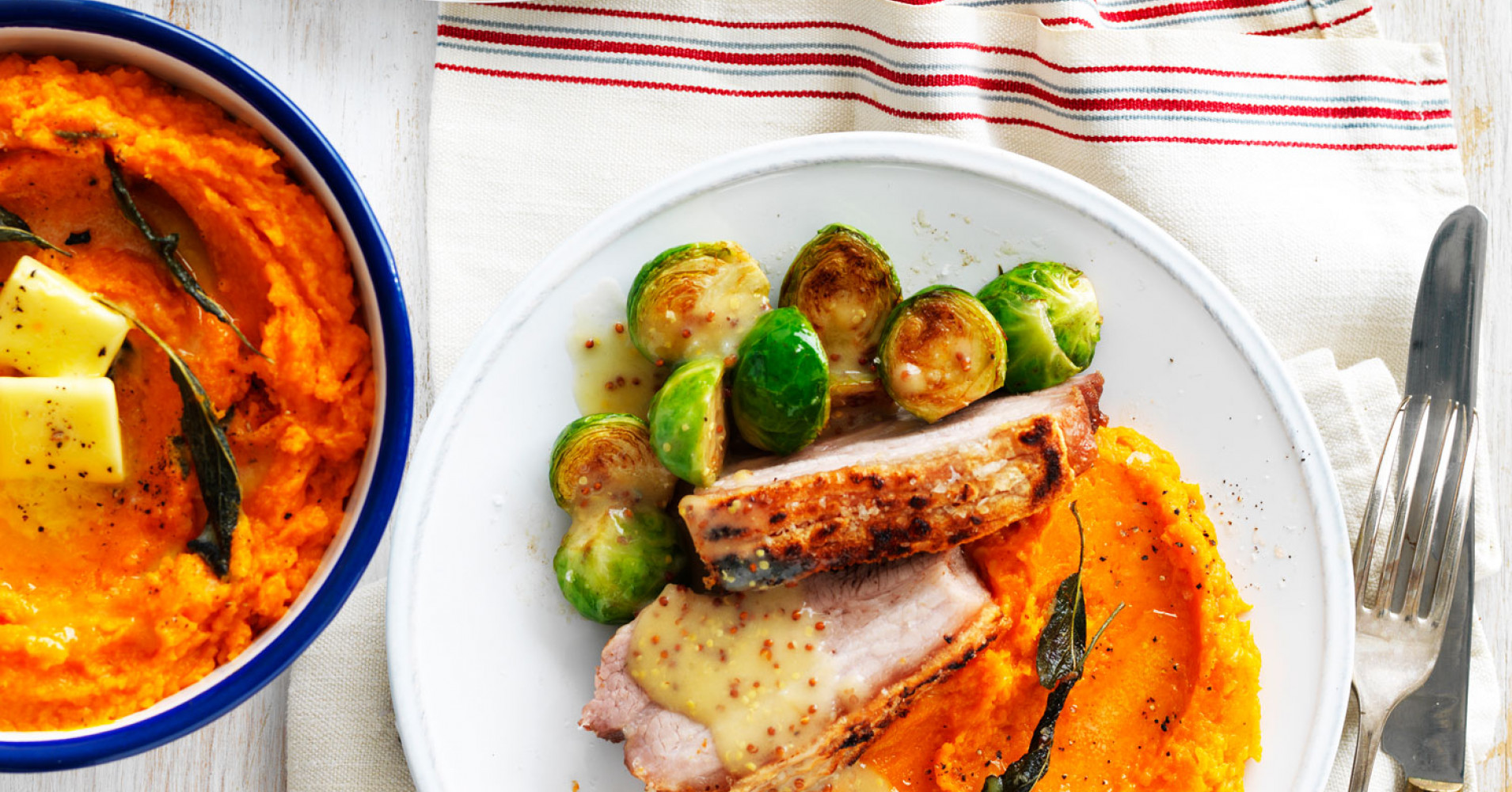 Butternut Pumpkin Mash with Roasted Pork Belly Recipe | myfoodbook