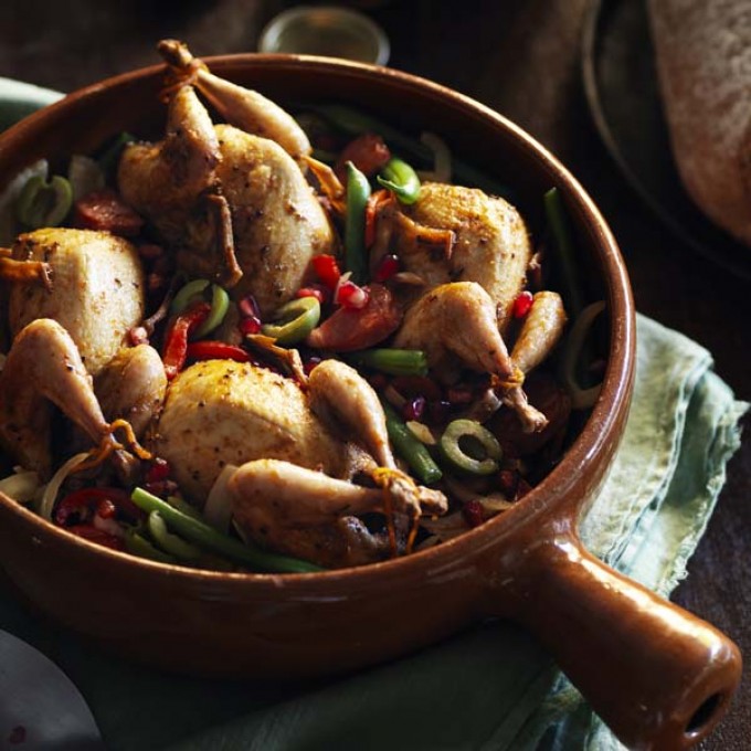 Whole Spanish Quail with Chorizo and Green Bean Salad Recipe | myfoodbook